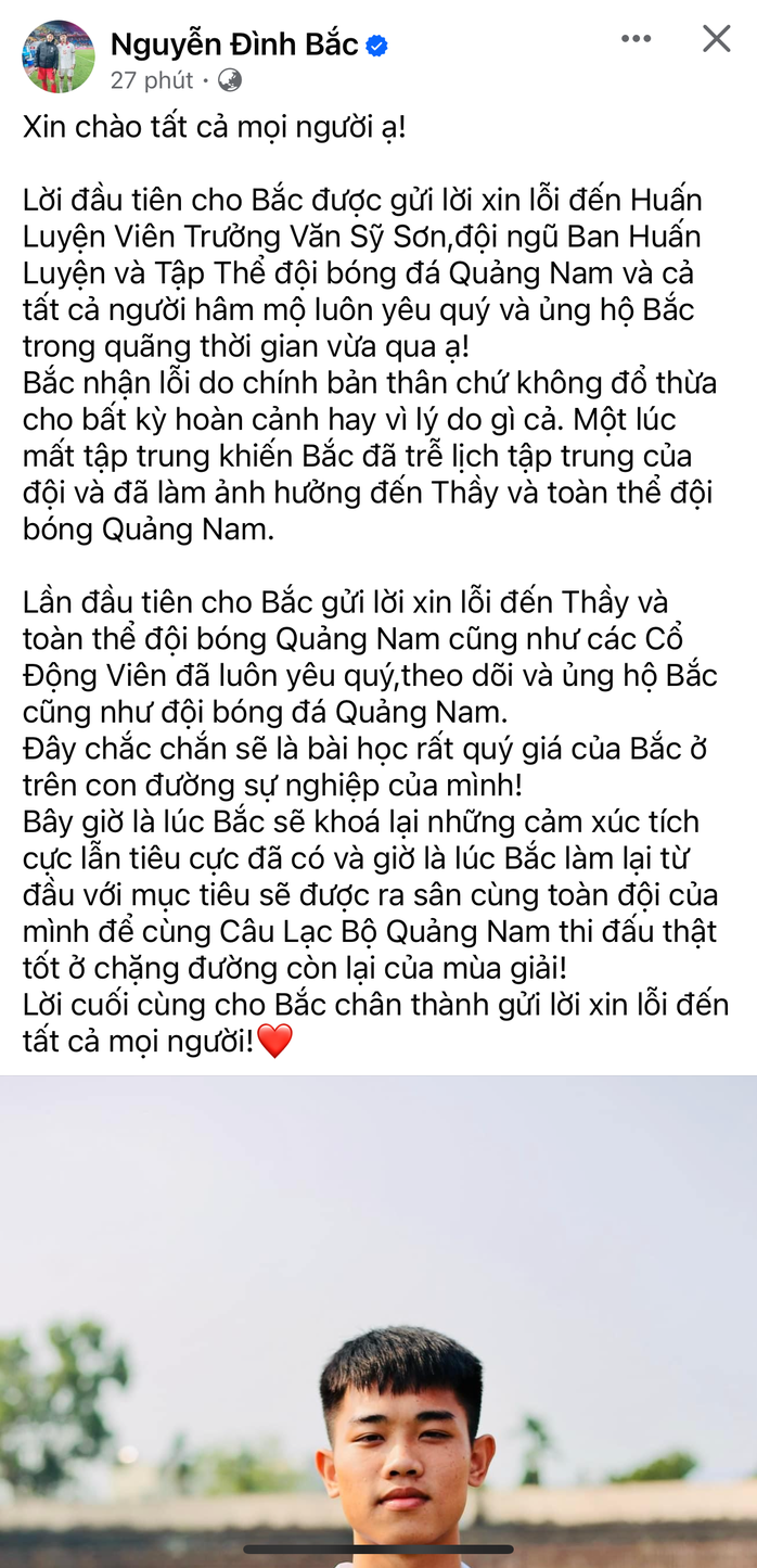 Wat zei jong talent Nguyen Dinh Bac nadat hij een disciplinaire straf ...