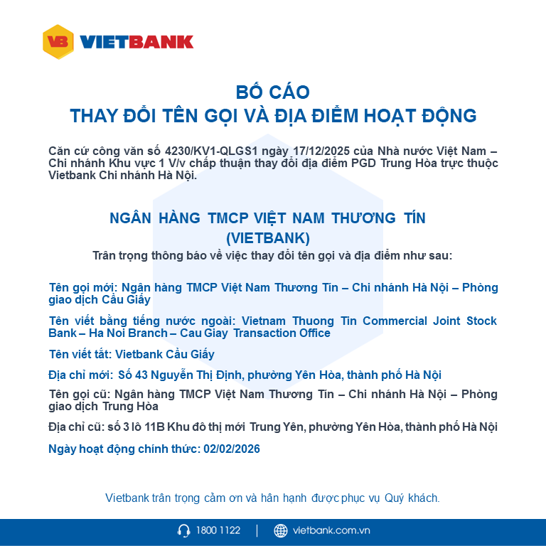 O Vietbank anuncia mudanças no nome e na localização de funcionamento ...