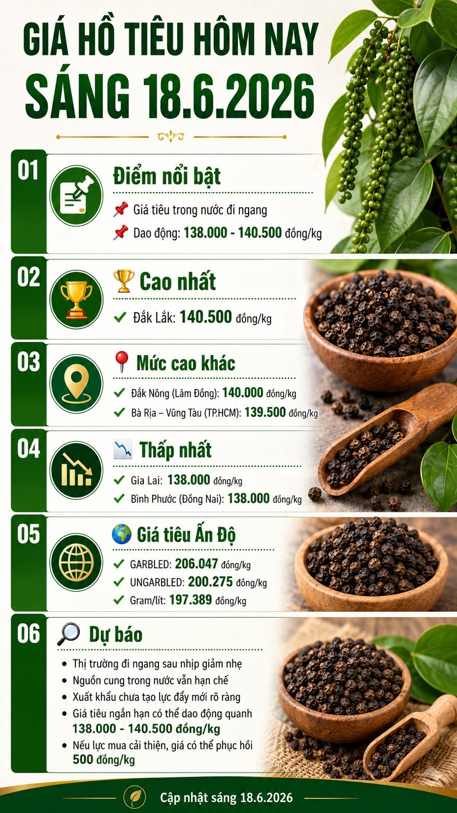 Giá hồ tiêu hôm nay 18.6: Không biến động, cao nhất tại Đắk Lắk