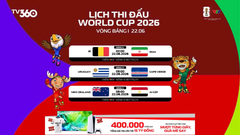 Lịch thi đấu và phát sóng trực tiếp World Cup 2026 trên VTV ngày 22/6